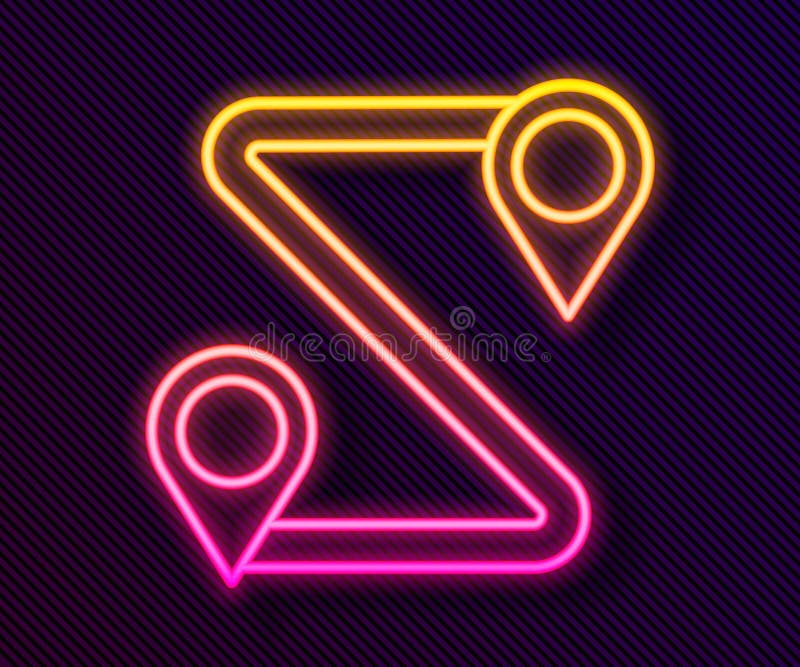 Glowing Neon Line Route Location Icon Isolated on Black Background. Map ...