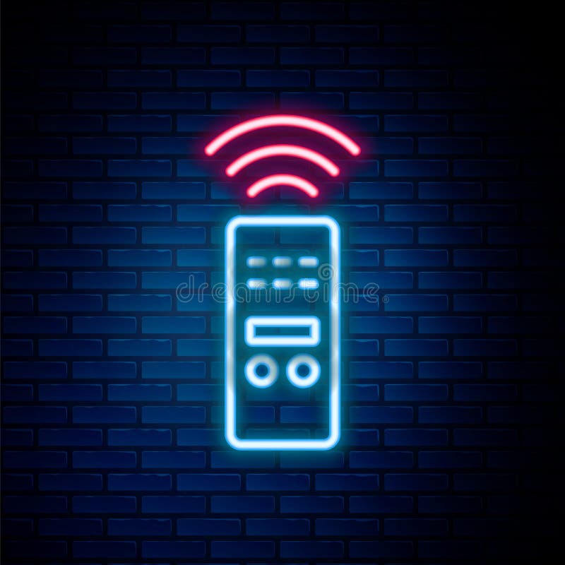 Glowing Neon Line Smart Remote Control System Icon Isolated on Brick ...