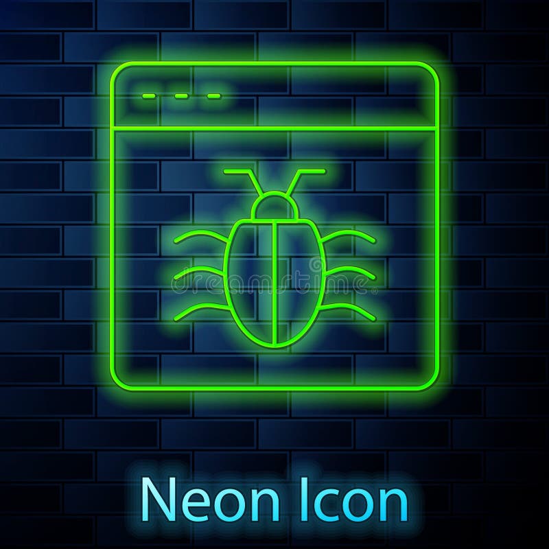 Glowing Neon Line System Bug Concept Icon Isolated on Brick Wall Background. Code Bug Concept ...