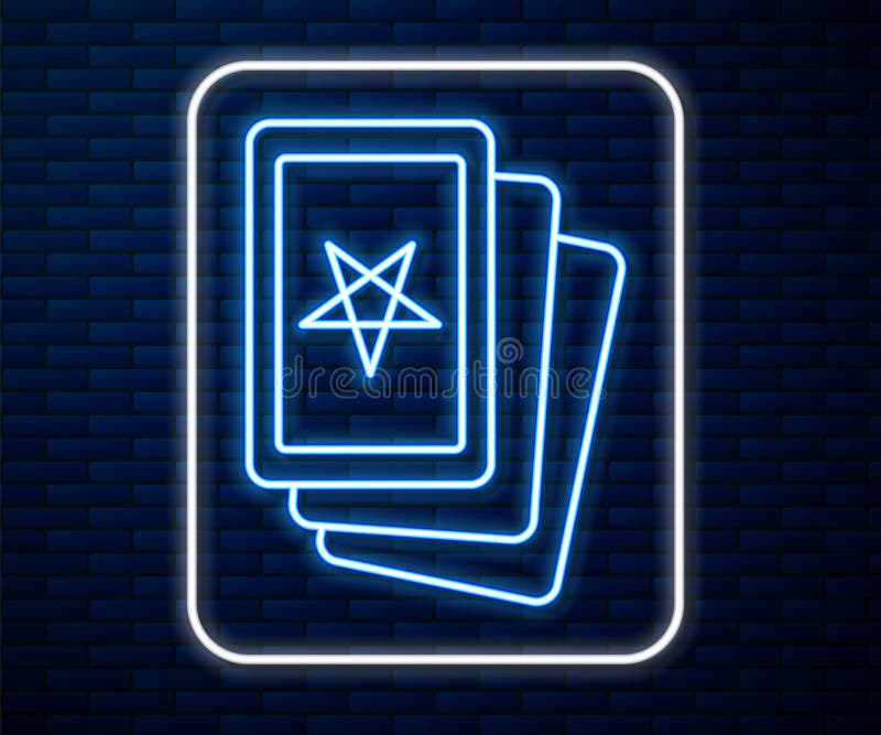 Glowing Neon Line Three Tarot Cards Icon Isolated on Brick Wall ...