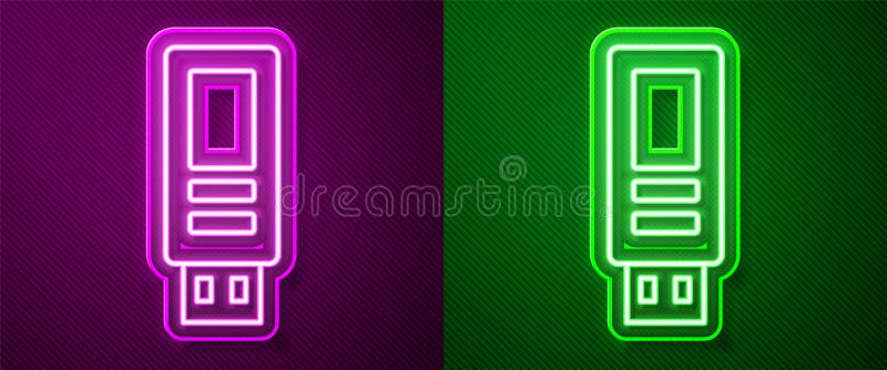 Glowing Neon Line USB Flash Drive Icon Isolated on Purple and Green ...