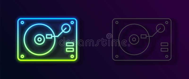 Glowing Neon Line Vinyl Player with a Vinyl Disk Icon Isolated on Black ...