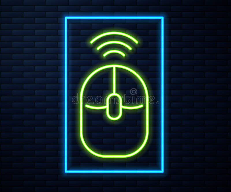 Glowing Neon Line Wireless Computer Mouse Icon Isolated on Brick Wall ...