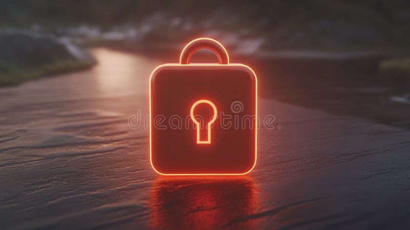 Glowing Neon Lock Symbol on Wet Surface at Night Stock Illustration ...