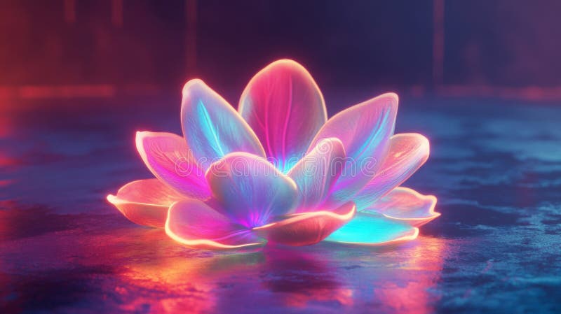 Glowing Neon Lotus Flower on Reflective Surface Stock Illustration ...