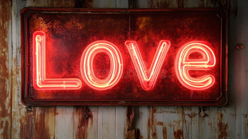 Glowing Neon Love Sign on Rustic Metal Stock Illustration ...
