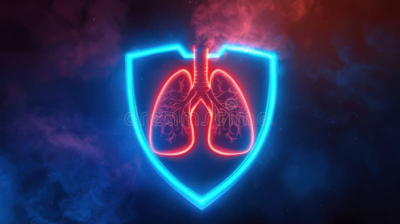 Glowing Neon Lungs Inside Shield Representing a Strong Immune System ...
