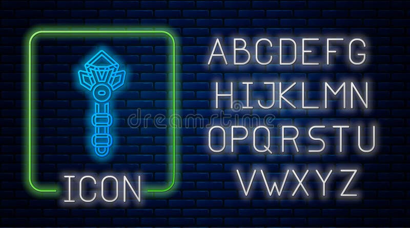 Glowing Neon Magic Wand Icon Isolated on Brick Wall Background. Star ...