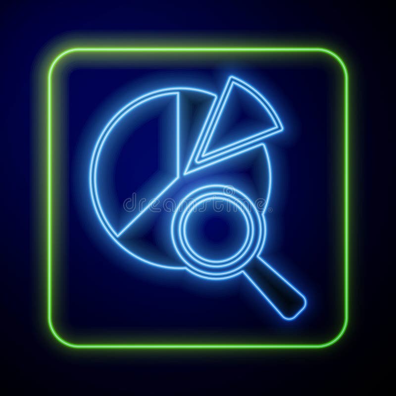 Glowing Neon Magnifying Glass and Data Analysis Icon Isolated on Blue ...