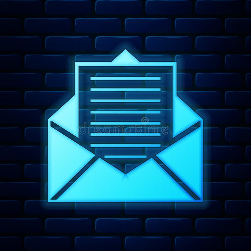 Glowing Neon Mail and E-mail Icon Isolated on Brick Wall Background ...