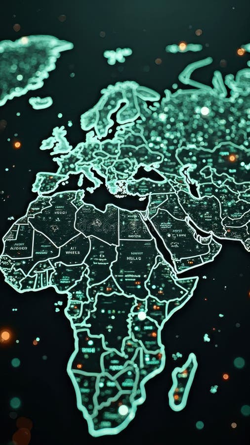 Glowing Neon Map of Europe and Africa with Illuminated Borders Stock ...