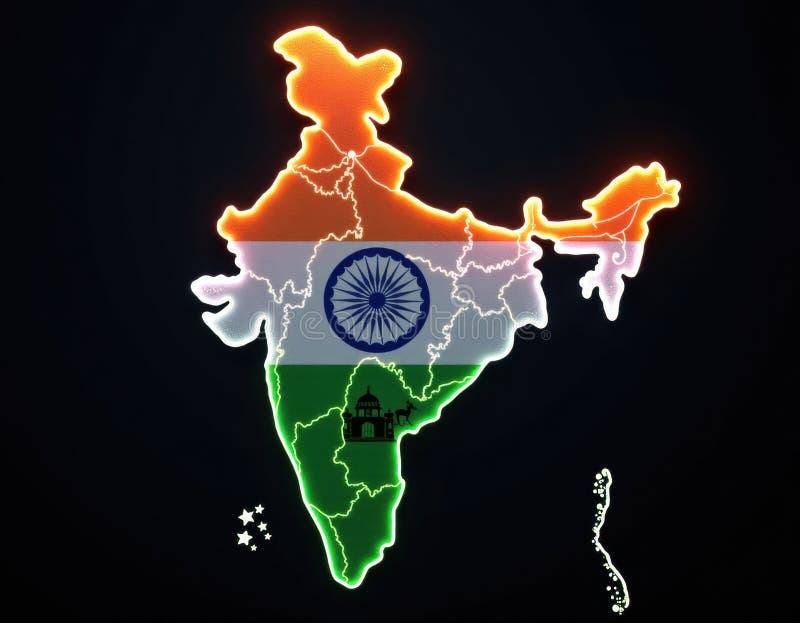 Glowing Neon Map of India with Flag and Landmarks Stock Illustration ...