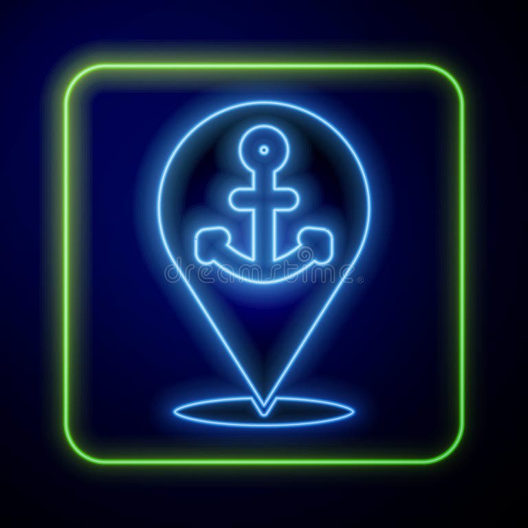 Glowing Neon Map Pointer with Anchor Icon Isolated on Blue Background. Vector Stock Vector ...