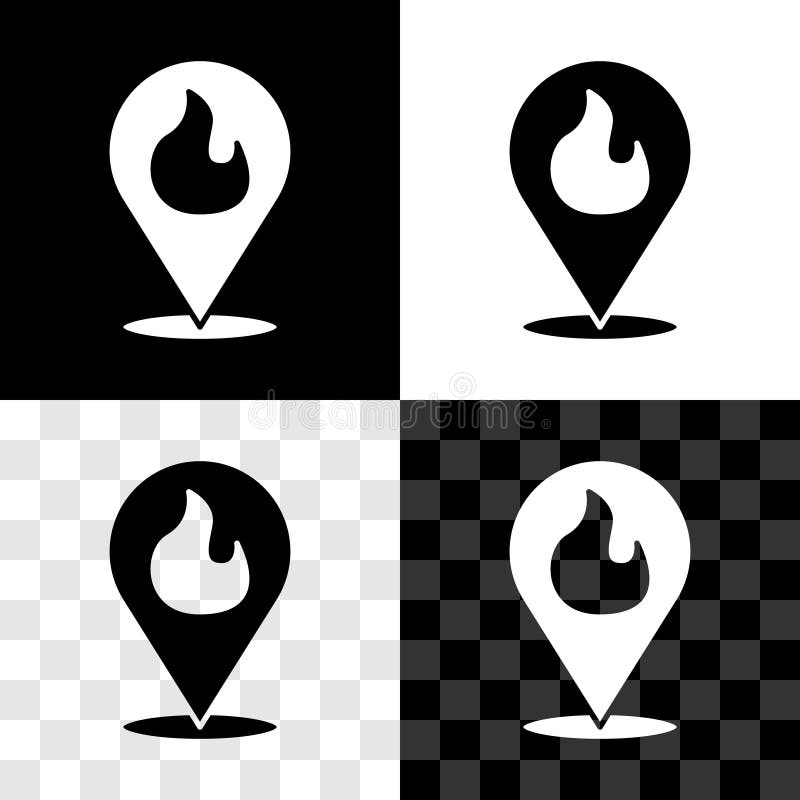 Glowing Neon Map Pointer with Fire Flame Icon Isolated on Black Background. Fire Nearby Stock ...