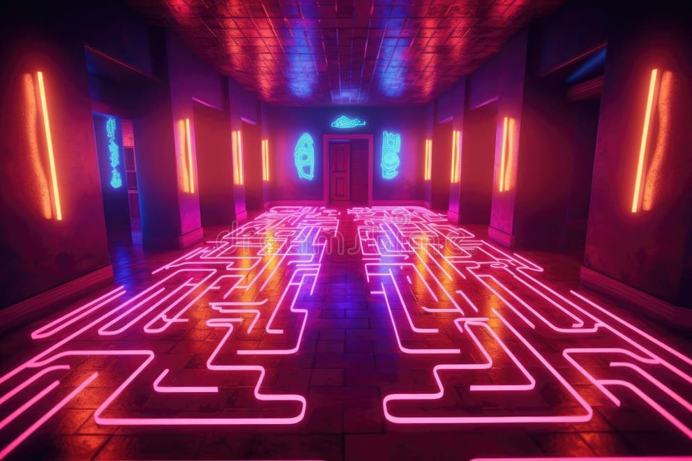 Glowing Neon Maze with a Shining Path To Exit Stock Illustration ...