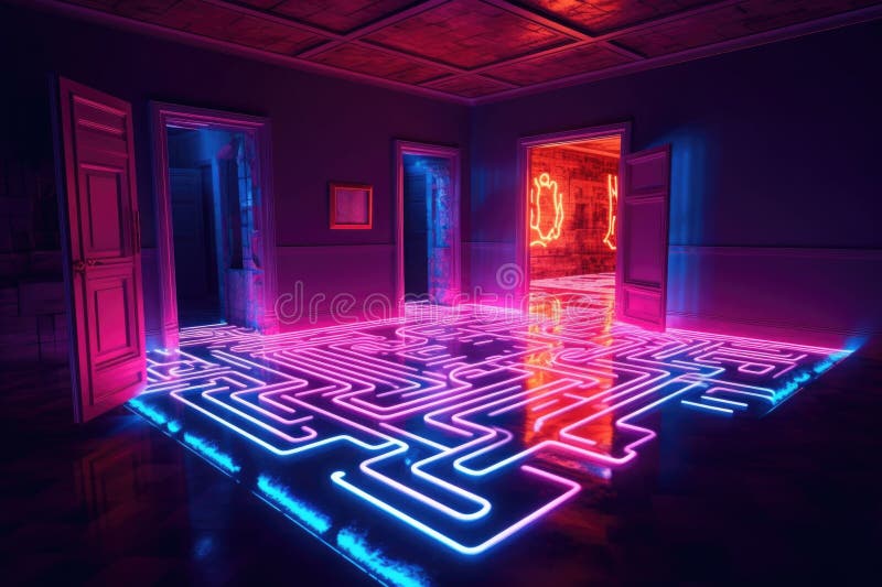 Glowing Neon Maze with a Shining Path To Exit Stock Illustration ...