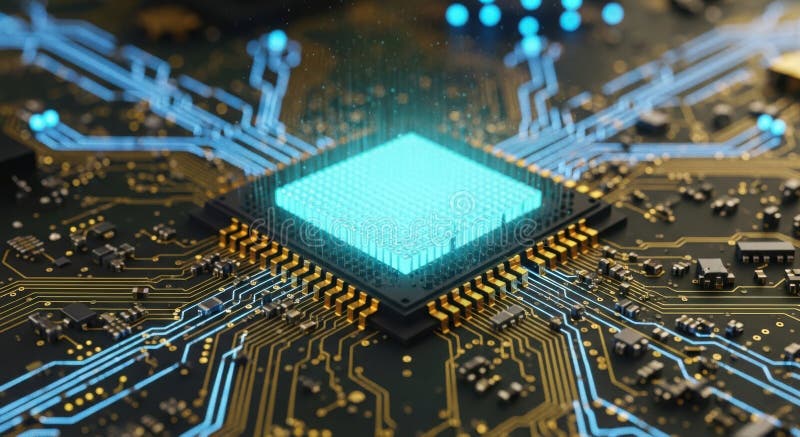 Glowing Neon Microchip Processor Futuristic Technology Circuit Board Data Transfer Stock ...
