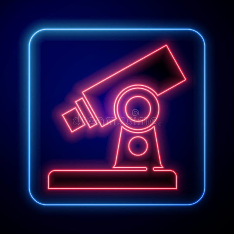 Glowing Neon Microscope Icon Isolated on Blue Background. Chemistry ...