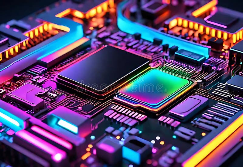 Glowing Neon Motherboard of CPU Depicting Advancement in AI Stock ...