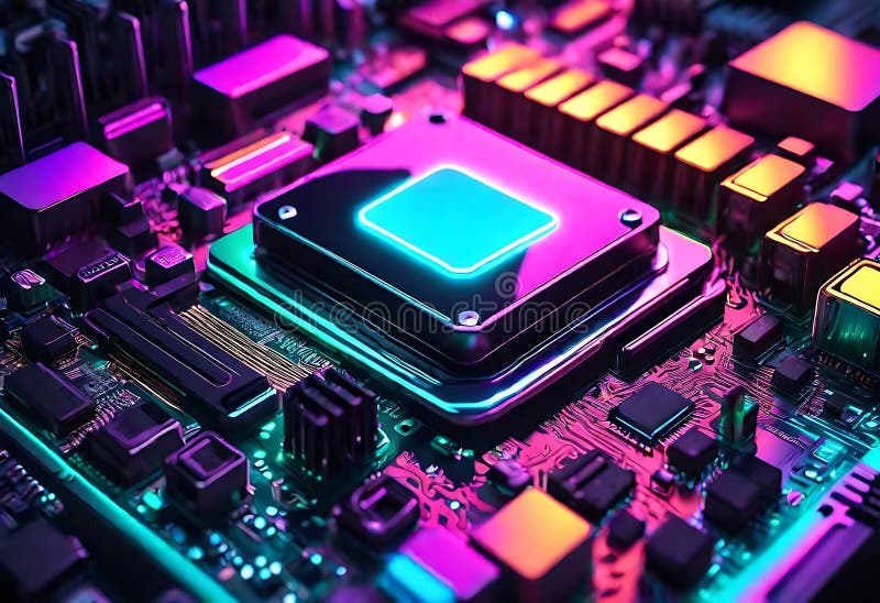 Glowing Neon Motherboard of CPU Depicting Advancement in AI Stock ...