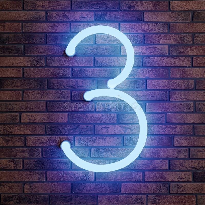Glowing Neon Number 3 Sign on Brick Wall Stock Illustration ...