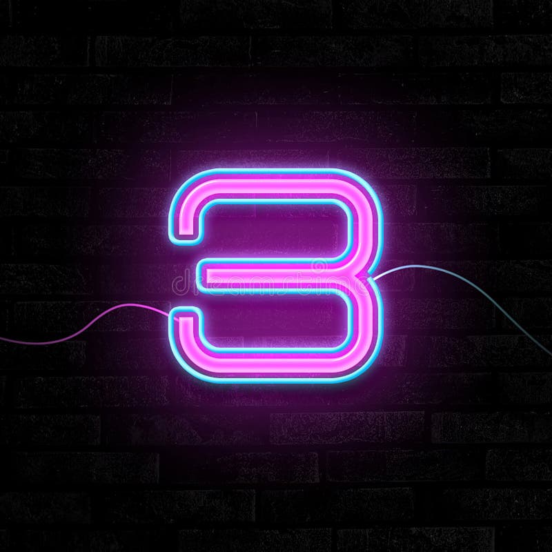 Glowing Neon Number 3 Sign on Brick Wall Stock Image - Image of font ...