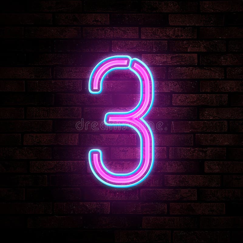 Glowing Neon Number 3 Sign on Brick Wall Stock Image - Image of ...