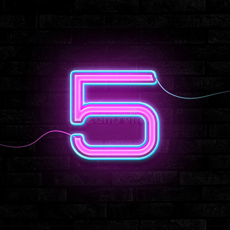 Glowing Neon Number 5 Sign on Brick Wall Stock Photo - Image of lamp ...