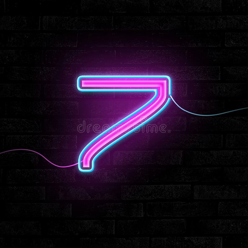 Glowing Neon Number 7 Sign on Brick Wall Stock Illustration ...