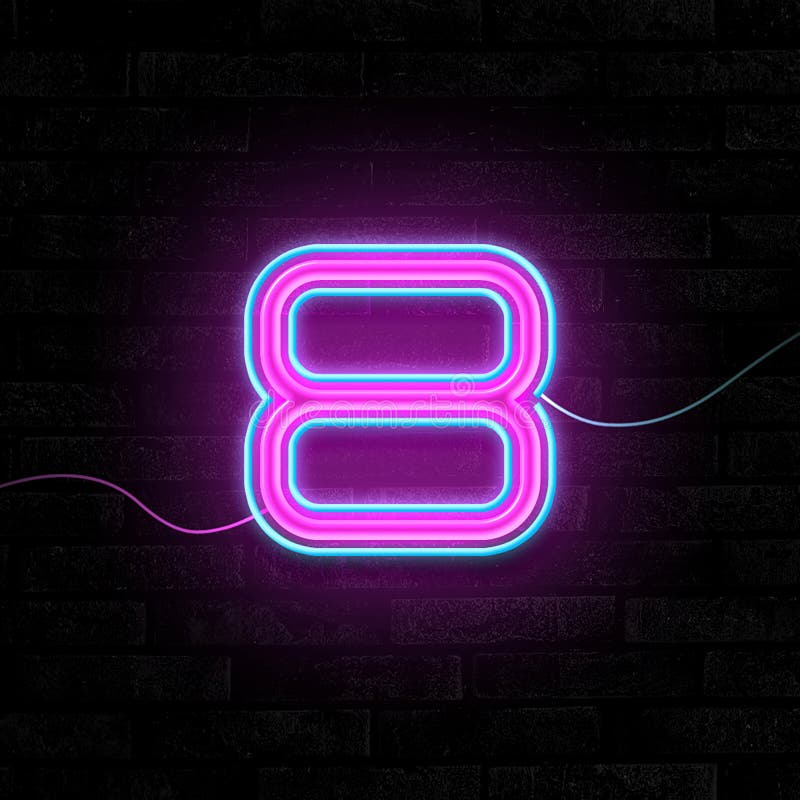 Glowing Neon Number 8 Sign on Brick Wall Stock Illustration ...
