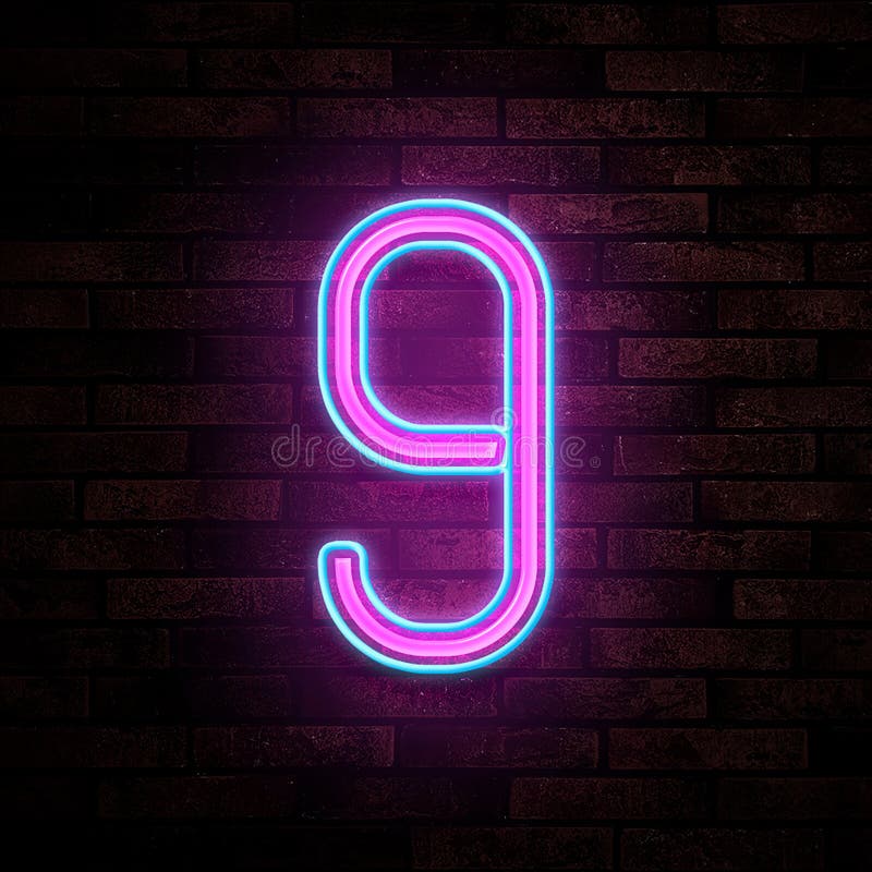 Glowing Neon Number 9 Sign on Brick Wall Stock Illustration ...