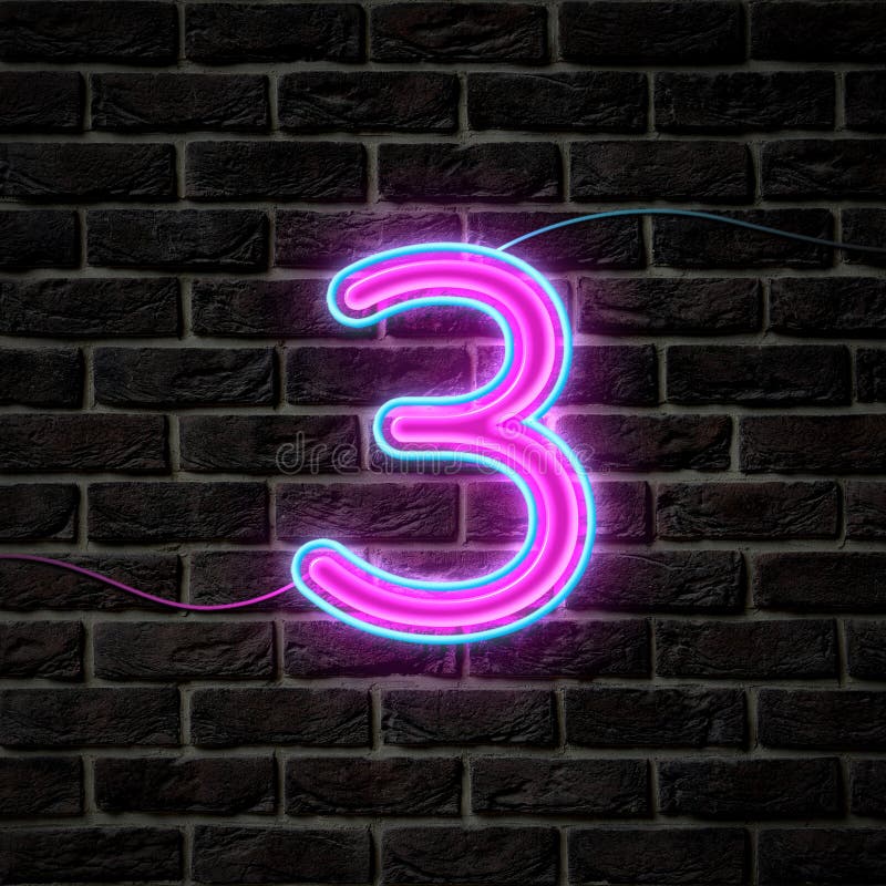 Glowing Neon Number 3 Sign on Brick Wall Stock Image - Image of ...