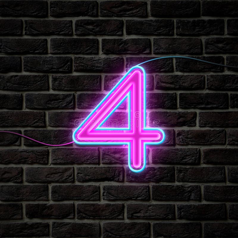 Glowing Neon Number 4 Sign on Brick Wall Stock Image - Image of light ...