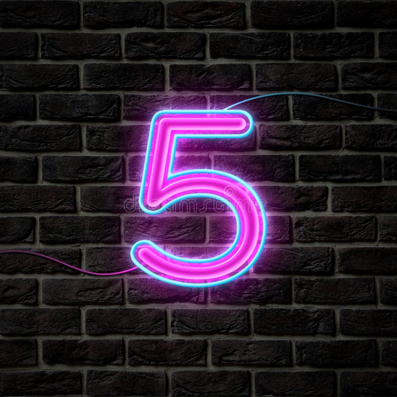 Glowing Neon Number 5 Sign on Brick Wall Stock Image - Image of casino ...