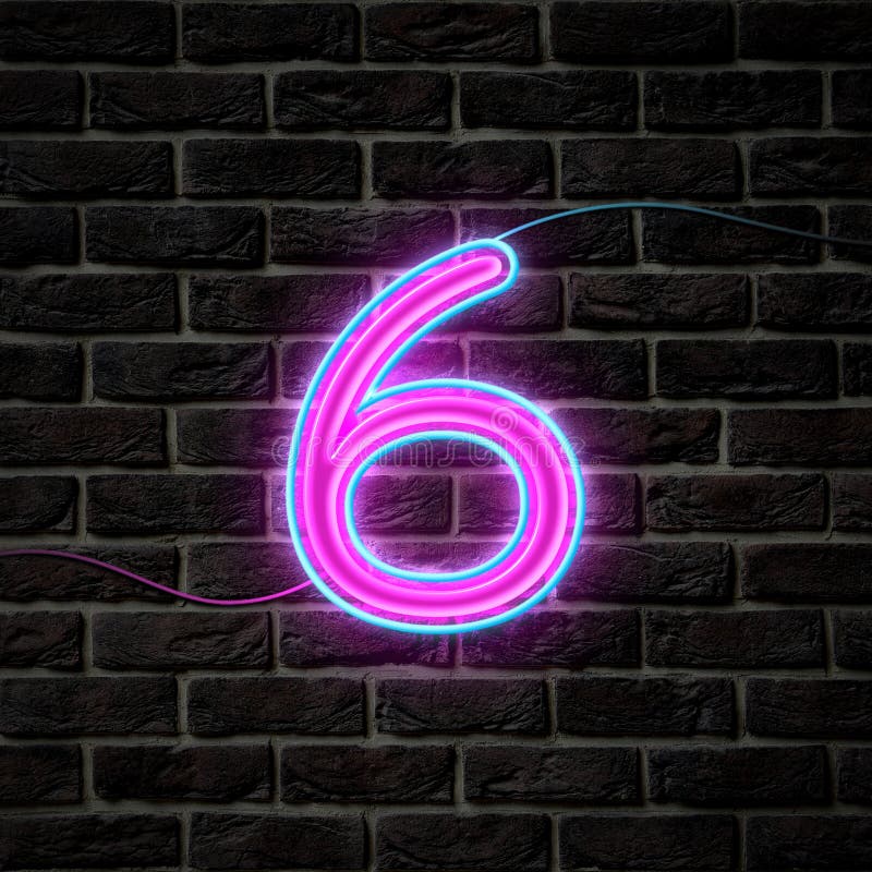 Glowing Neon Number 6 Sign on Brick Wall Stock Photo - Image of lamp ...