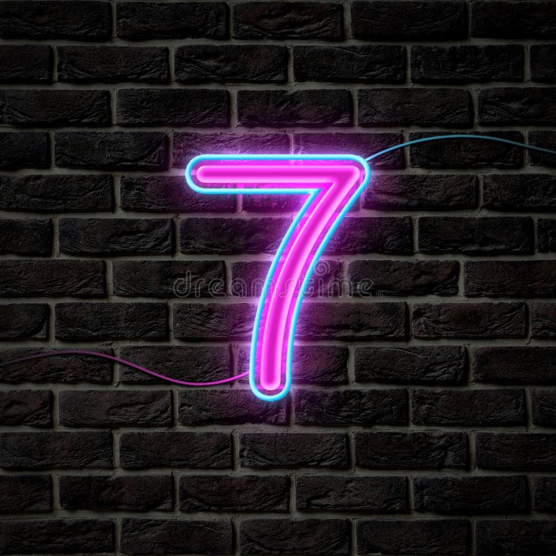 Glowing Neon Number 7 Sign on Brick Wall Stock Photo - Image of cinema ...