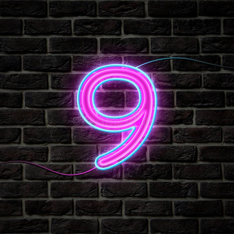 Glowing Neon Number 9 Sign on Brick Wall Stock Illustration ...