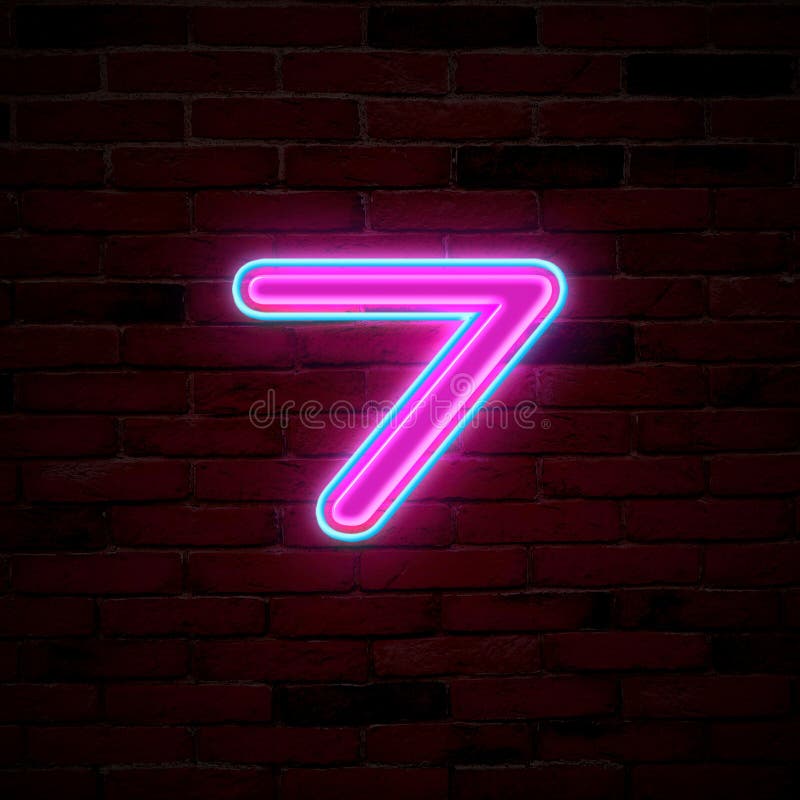 Glowing Neon Number 7 Sign on Brick Wall Stock Photo - Image of night ...