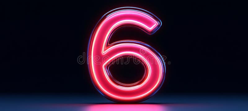 Glowing Neon Number Six on Reflective Surface Against Dark Background ...