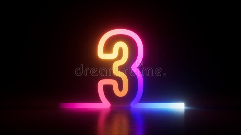 A Glowing Neon Number Three. 3d Rendering of Digital Symbol 3 in Yellow ...