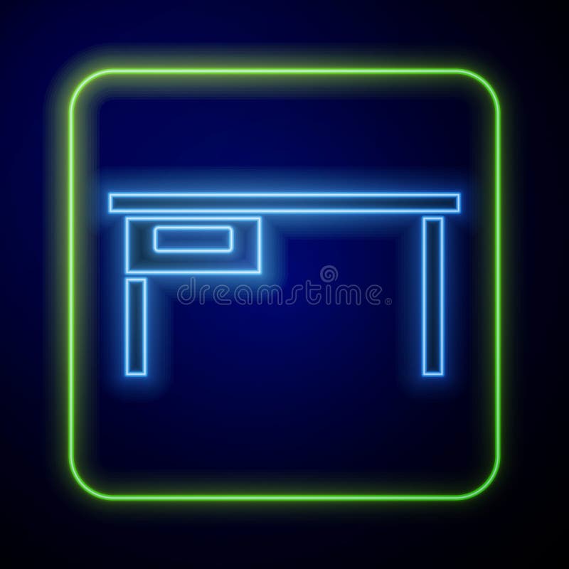 Glowing Neon Office Desk Icon Isolated on Blue Background. Vector Stock ...