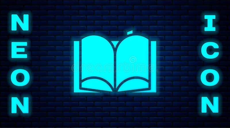 Glowing Neon Open Book Icon Isolated on Brick Wall Background. Vector ...