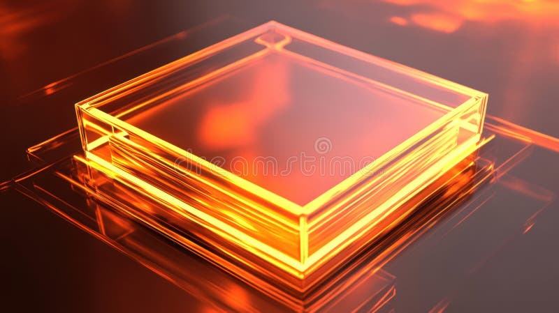Glowing Neon Orange Acrylic Box on Reflective Surface Stock Photo ...