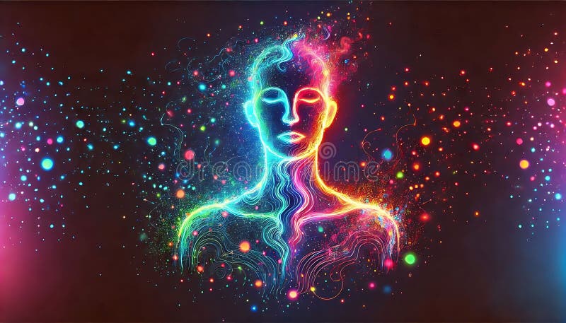 Glowing Neon Outlines of Abstract Human Forms Dissolving into Colorful ...