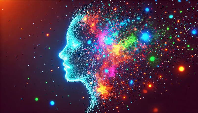 Glowing Neon Outlines of Abstract Human Forms Dissolving into Colorful ...