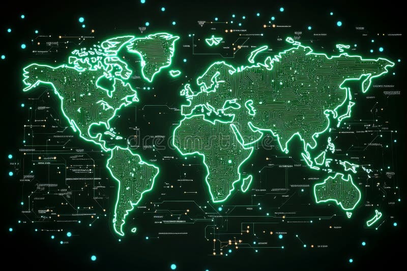 Stylized World Map Illuminated by Neon Lights with Digital Circuit ...