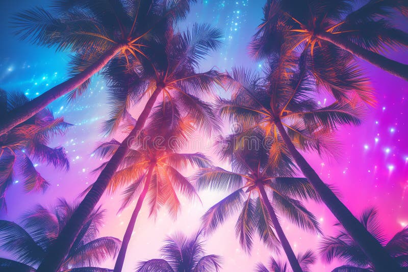 Glowing Neon Palm Trees Backdrop 80s Retro Nostalgic Stock Illustration ...