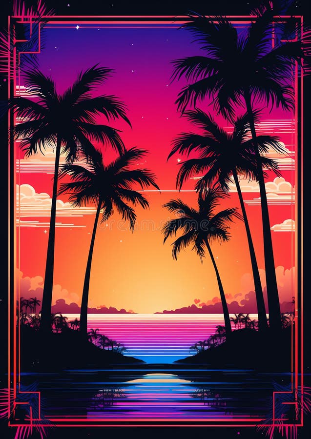 Glowing Neon Palm Trees Frame 80s Retro Nostalgic Stock Illustration ...