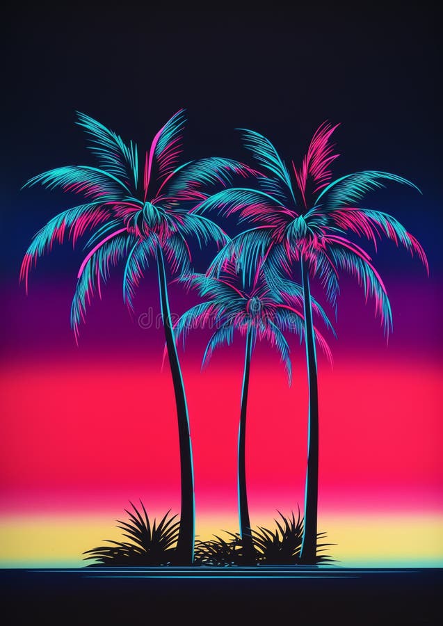 Glowing Neon Palm Trees Frame 80s Retro Nostalgic Stock Illustration ...