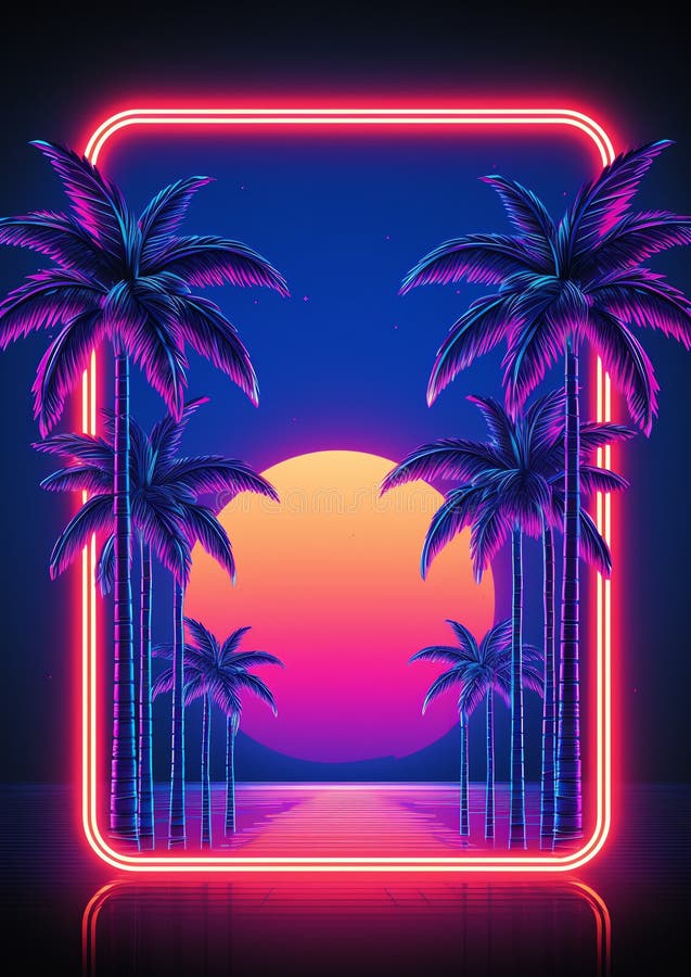 Glowing Neon Palm Trees Frame 80s Retro Nostalgic Stock Illustration ...